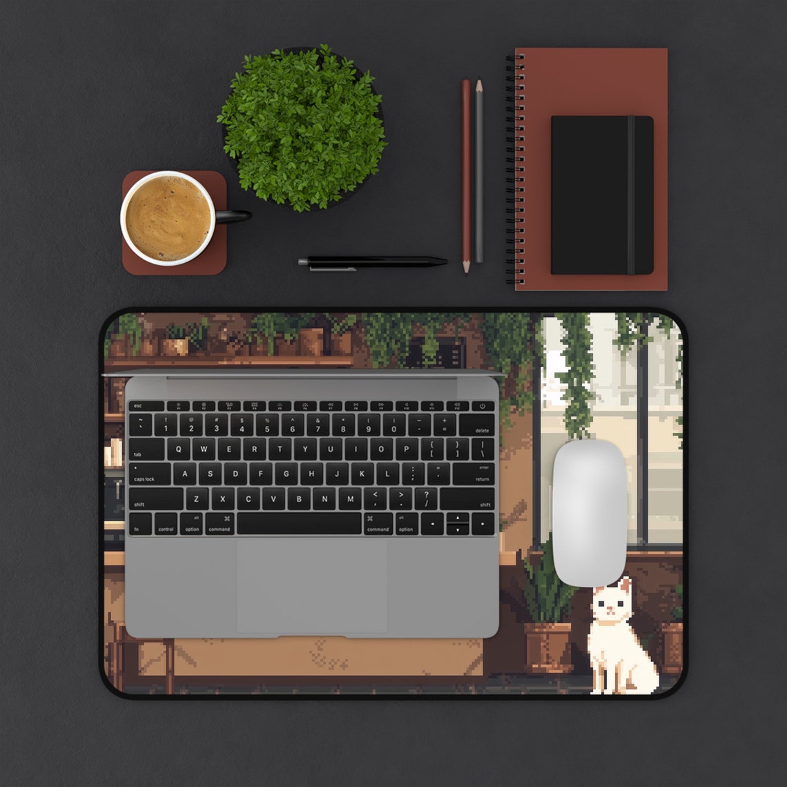 Cute Coffee Shop 8 Bit Pixel Art, Kawaii Desk Mat, Cat Plants Lovers ...