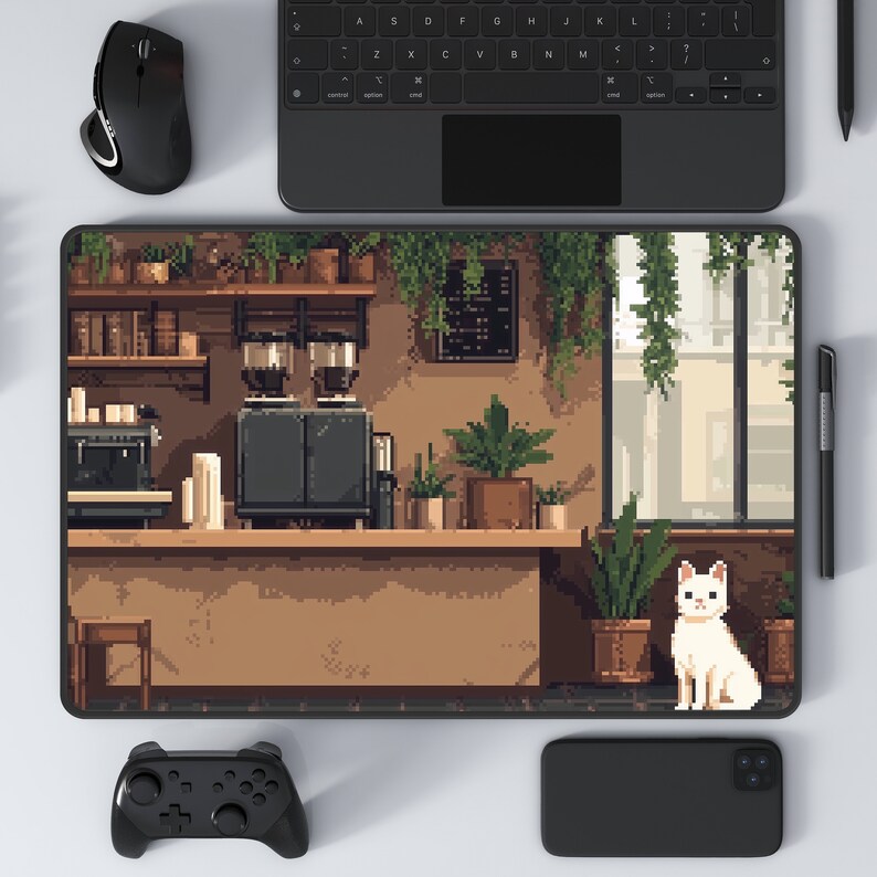 Cute Coffee Shop 8 Bit Pixel Art, Kawaii Desk Mat, Cat Plants Lovers ...