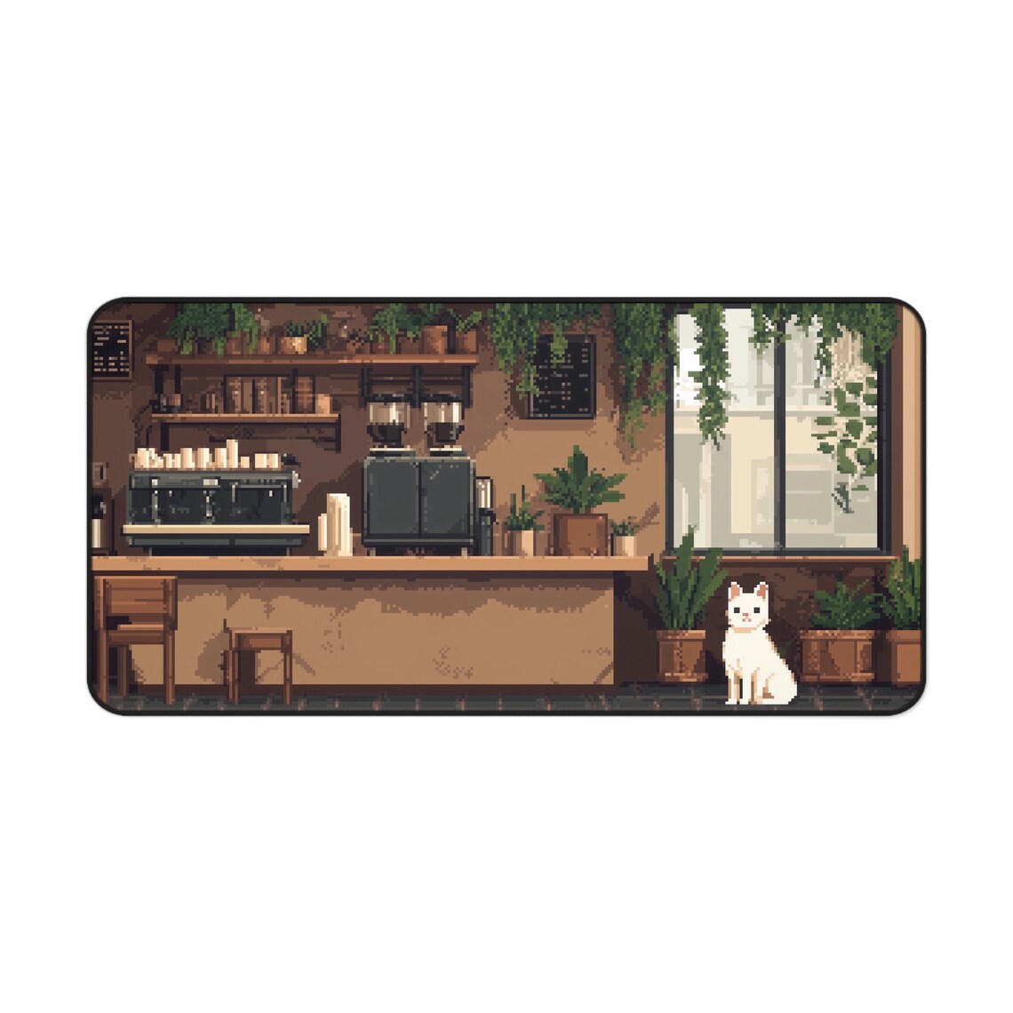 Cute Coffee Shop 8 Bit Pixel Art, Kawaii Desk Mat, Cat Plants Lovers ...