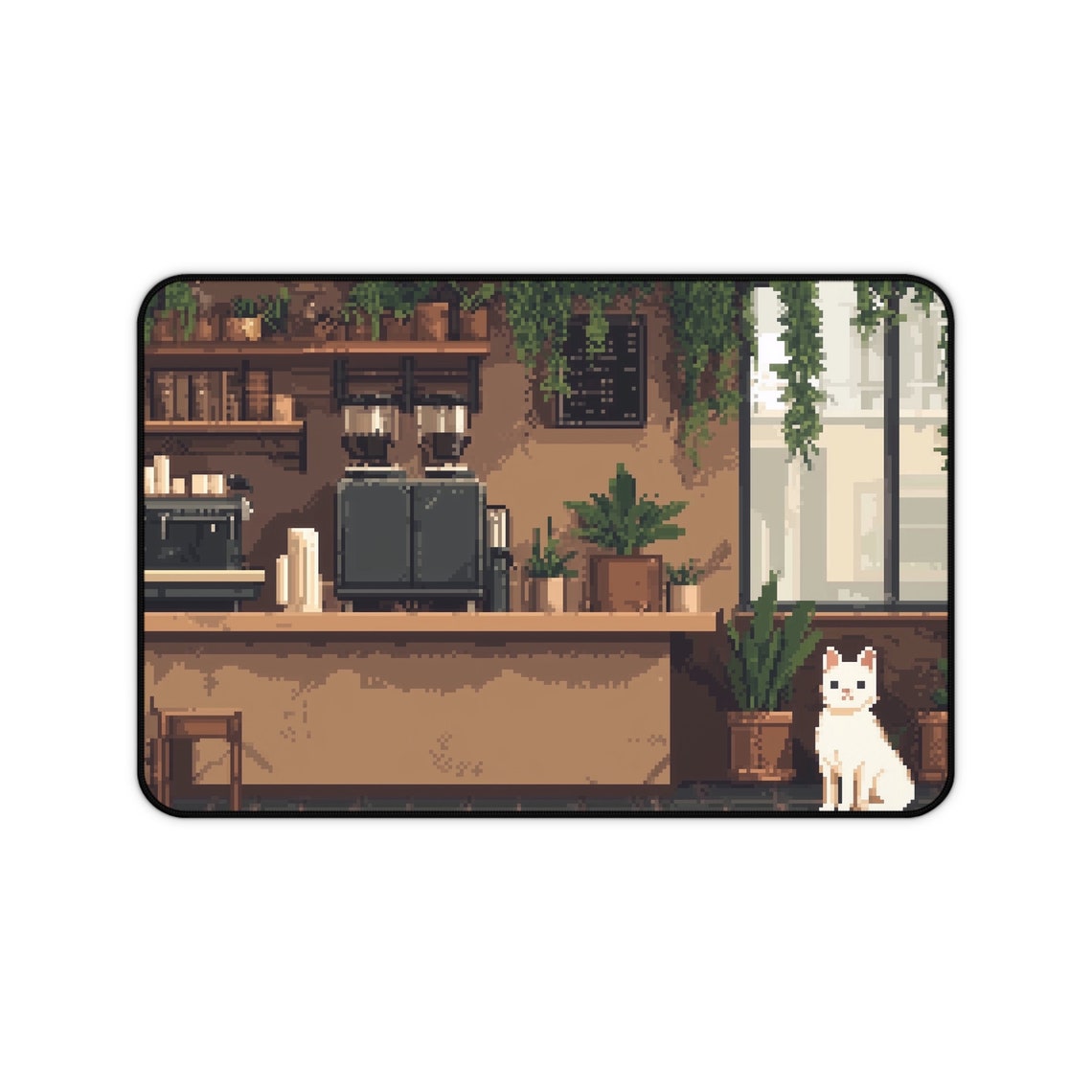 Cute Coffee Shop 8 Bit Pixel Art, Kawaii Desk Mat, Cat Plants Lovers ...
