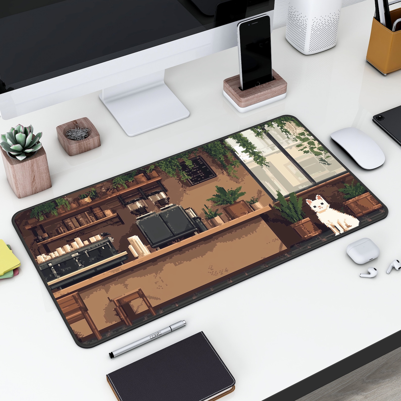 Cute Coffee Shop 8 Bit Pixel Art, Kawaii Desk Mat, Cat Plants Lovers ...