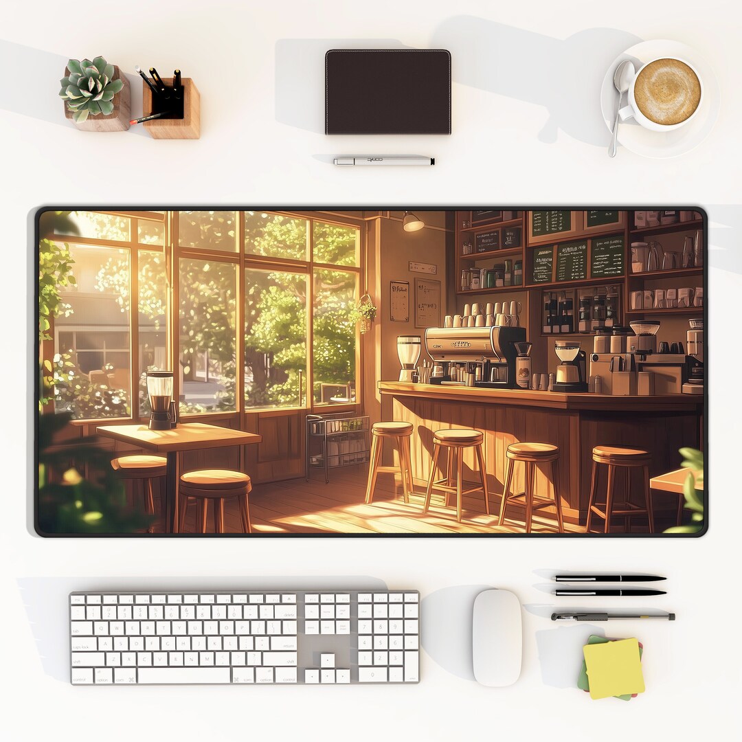 Anime Cafe Desk Mat, Coffee Shop Art Mousepad, Lofi Coffee Desk Mat ...