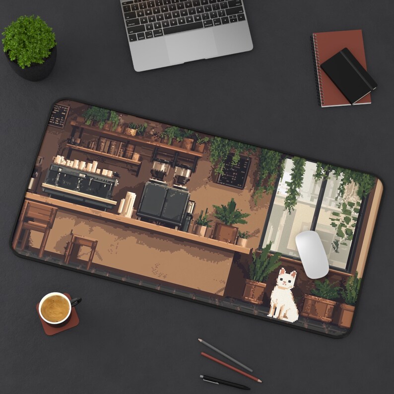 Cute Coffee Shop 8 Bit Pixel Art, Kawaii Desk Mat, Cat Plants Lovers ...