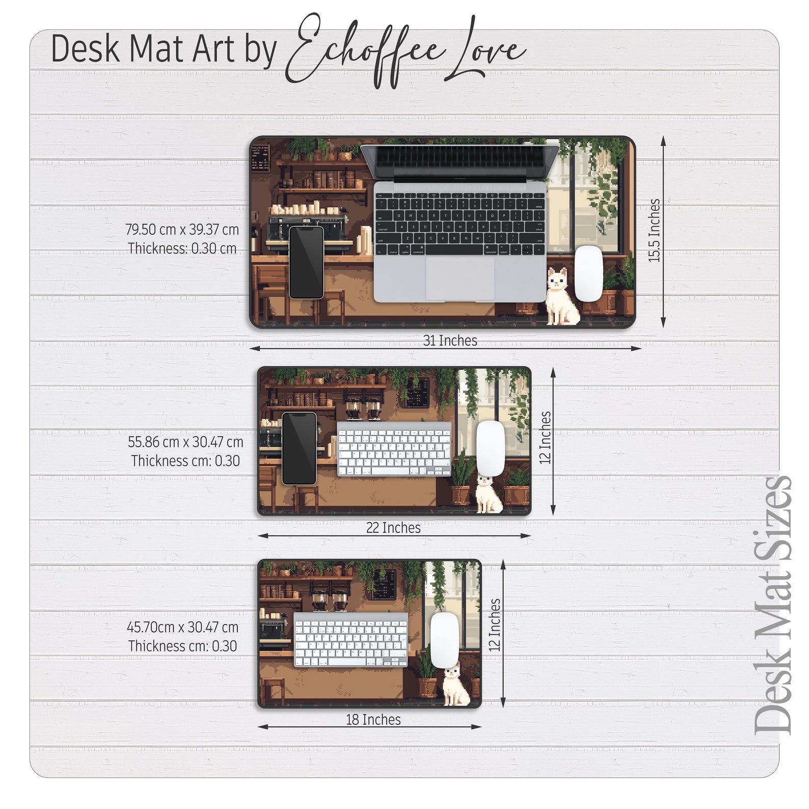 Cute Coffee Shop 8 Bit Pixel Art, Kawaii Desk Mat, Cat Plants Lovers ...