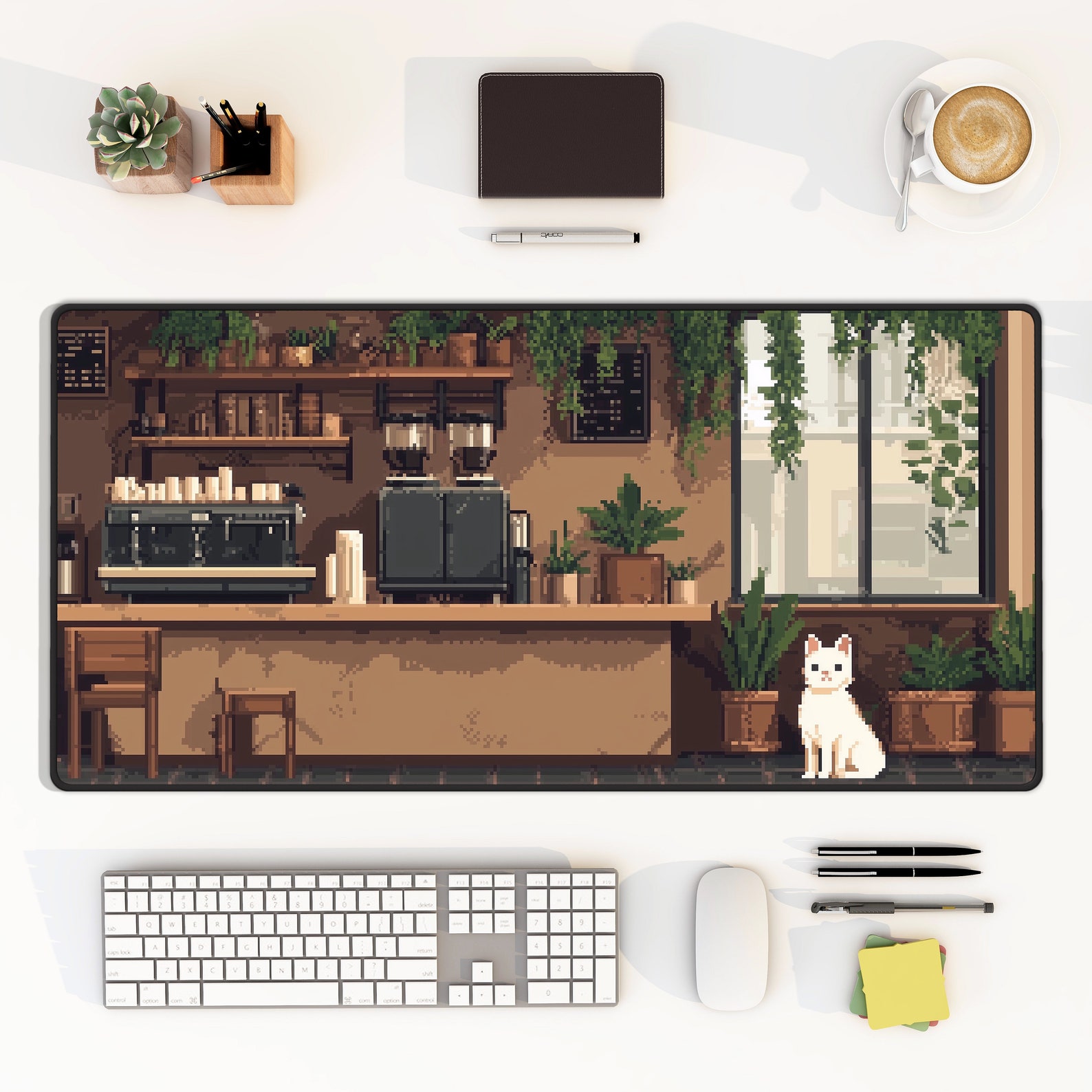 Cute Coffee Shop 8 Bit Pixel Art, Kawaii Desk Mat, Cat Plants Lovers ...