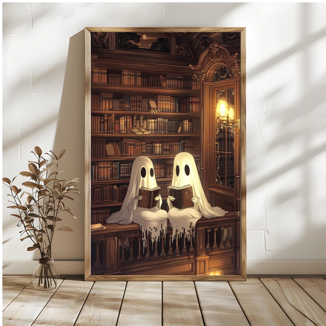 Ghosts Reading in Library Art Print | Spooky Halloween Decor (digital ...