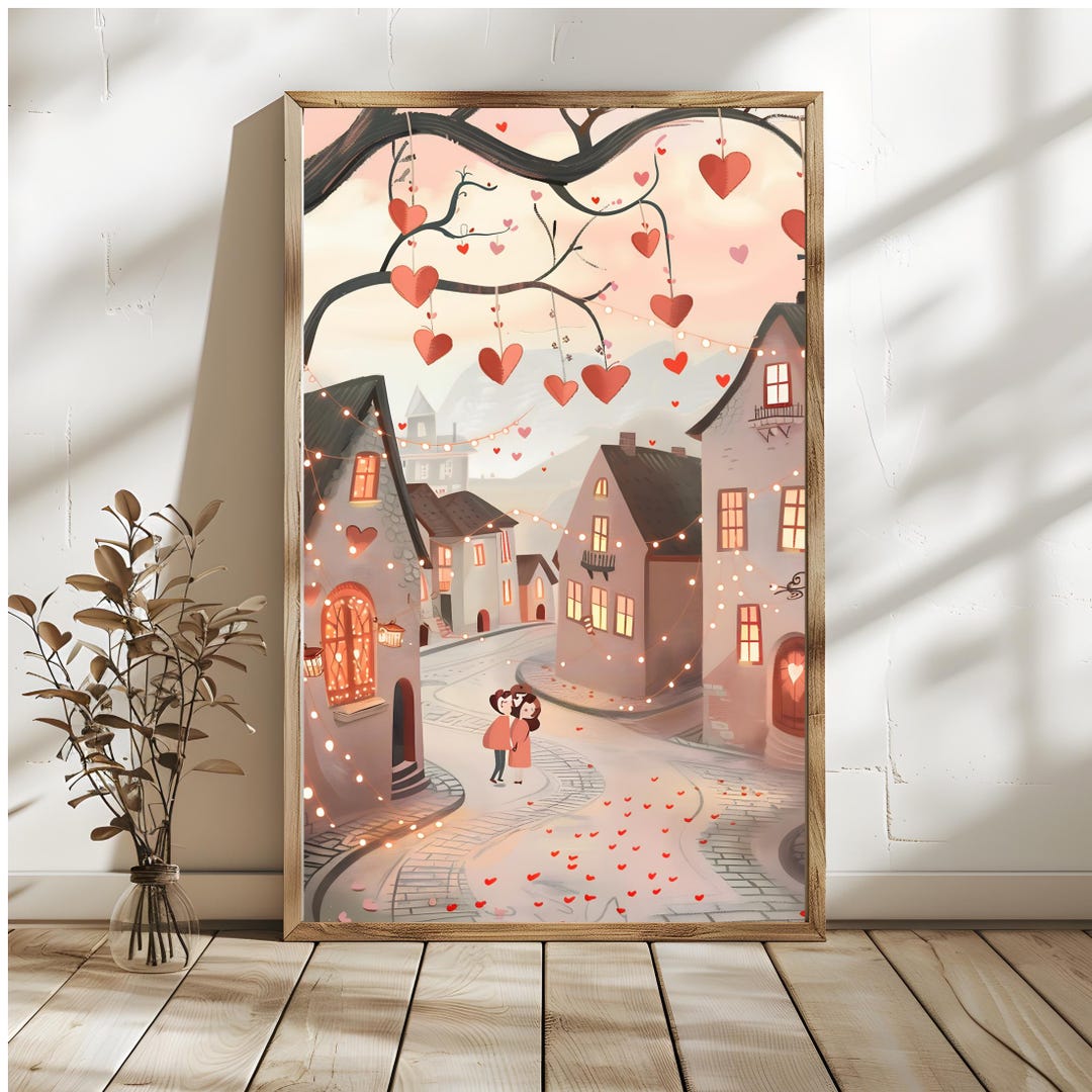 Valentine's Day Village Art Print | Romantic Street Scene (digital ...
