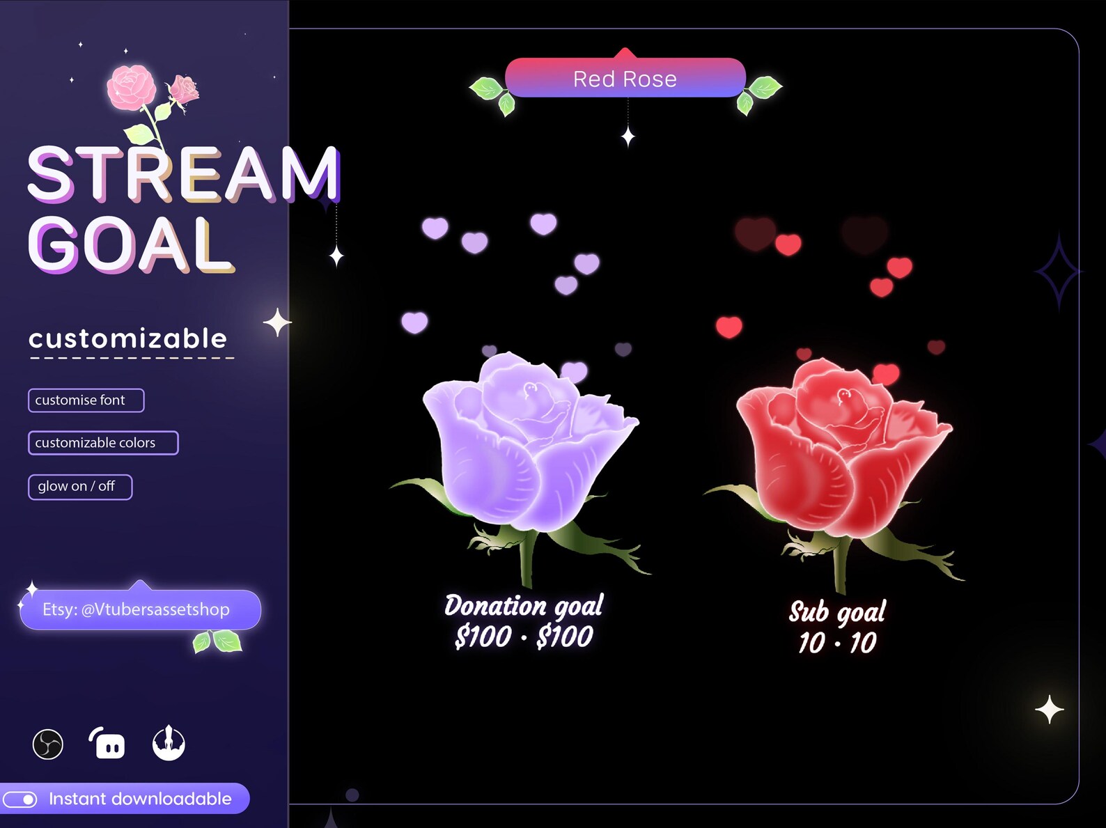 Stream Widget | Red Rose Goal Widget | Glassy Rose Floral Goal Widget ...