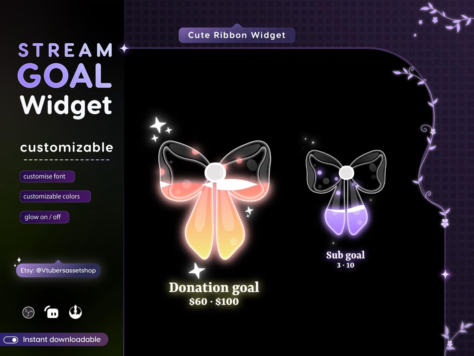 Stream Widget | Cute Ribbon Goal Widget | Glassy Ribbon/bow Goal Widget ...