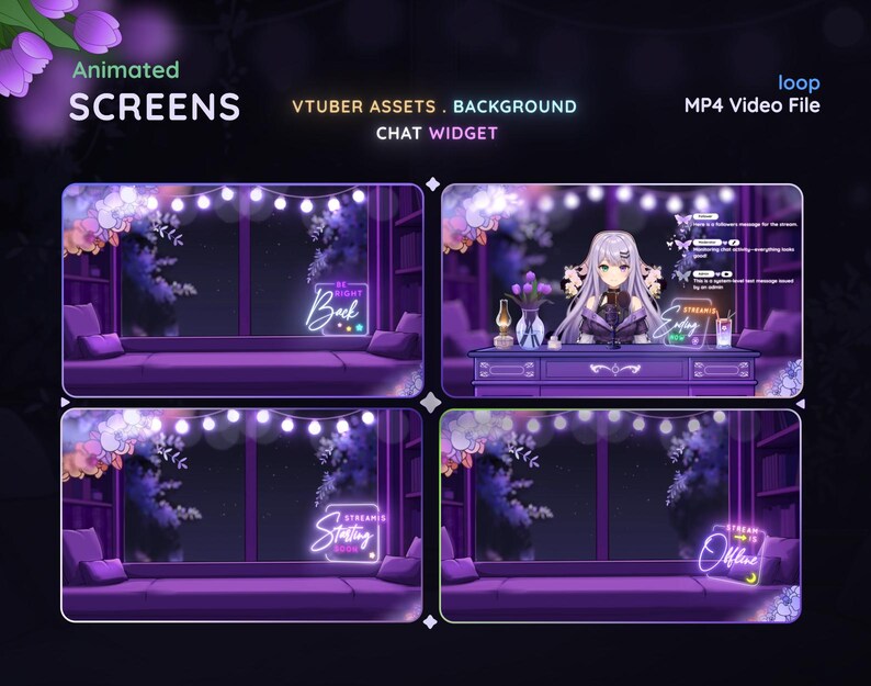 Purple Flower Vtuber Stream Overlay Pack | Butterfly Chat Widget ...