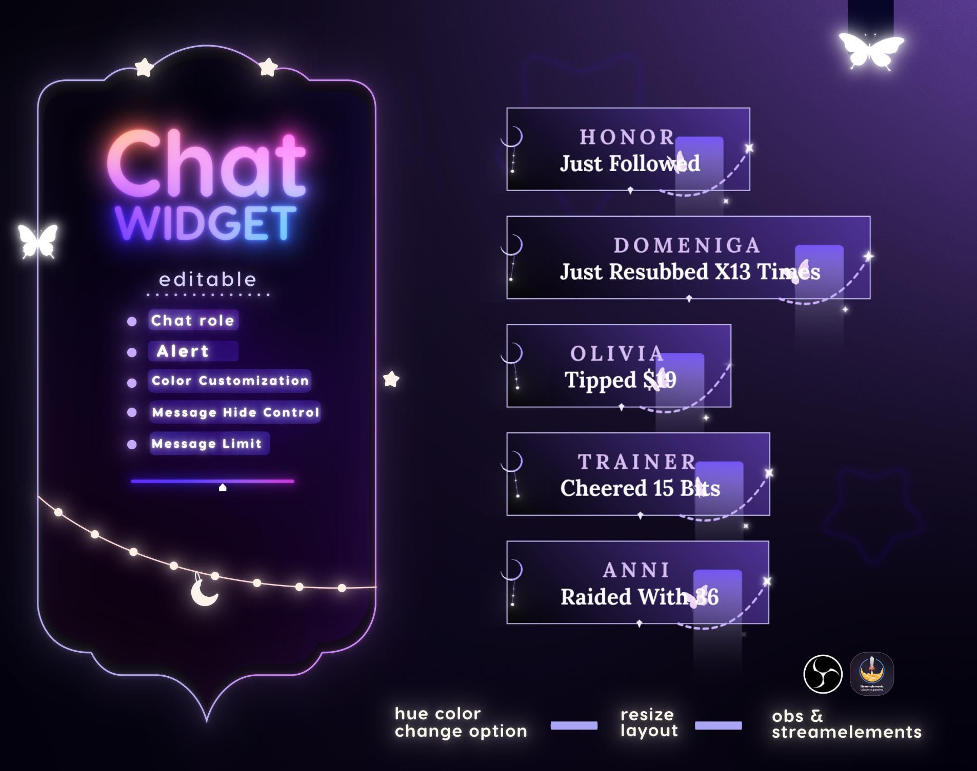 Celestial Starry Night Twitch Chat Widget - Purple Stream Overlay ...