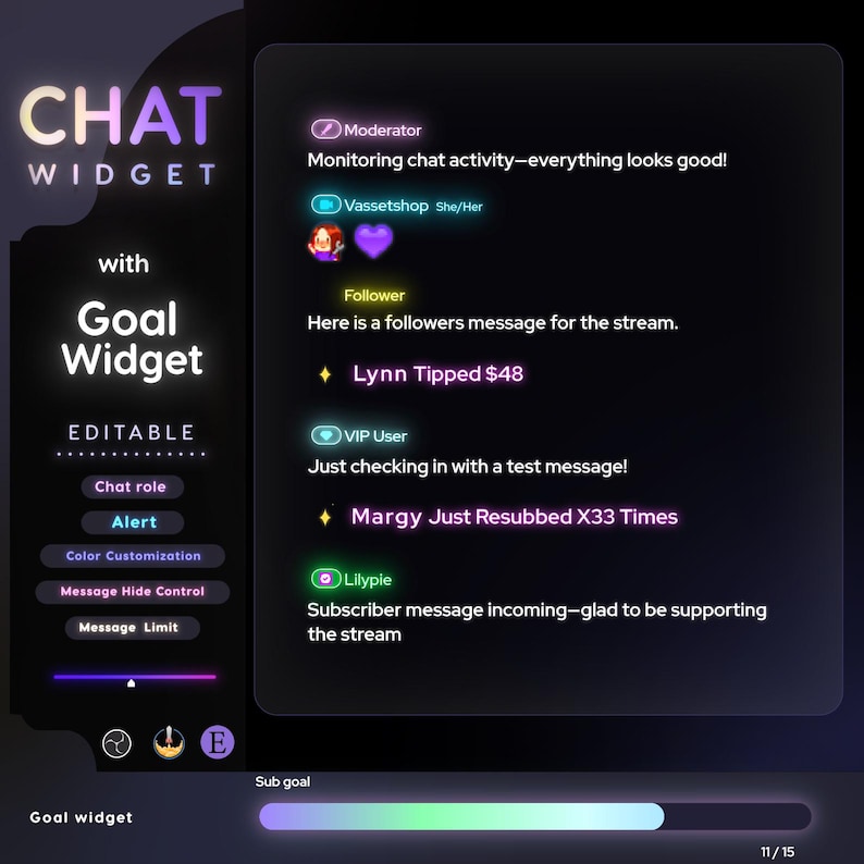 Neon Glow Aesthetic Minimalist Chat & Goal Widget | Customizable Twitch ...
