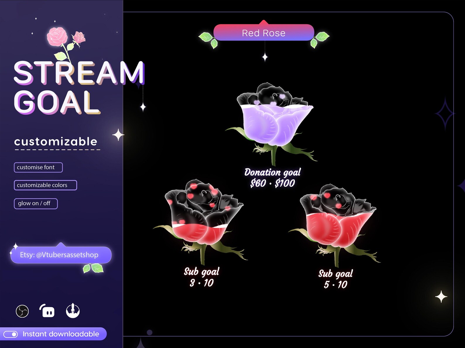 Stream Widget | Red Rose Goal Widget | Glassy Rose Floral Goal Widget for Twitch Streamers ...