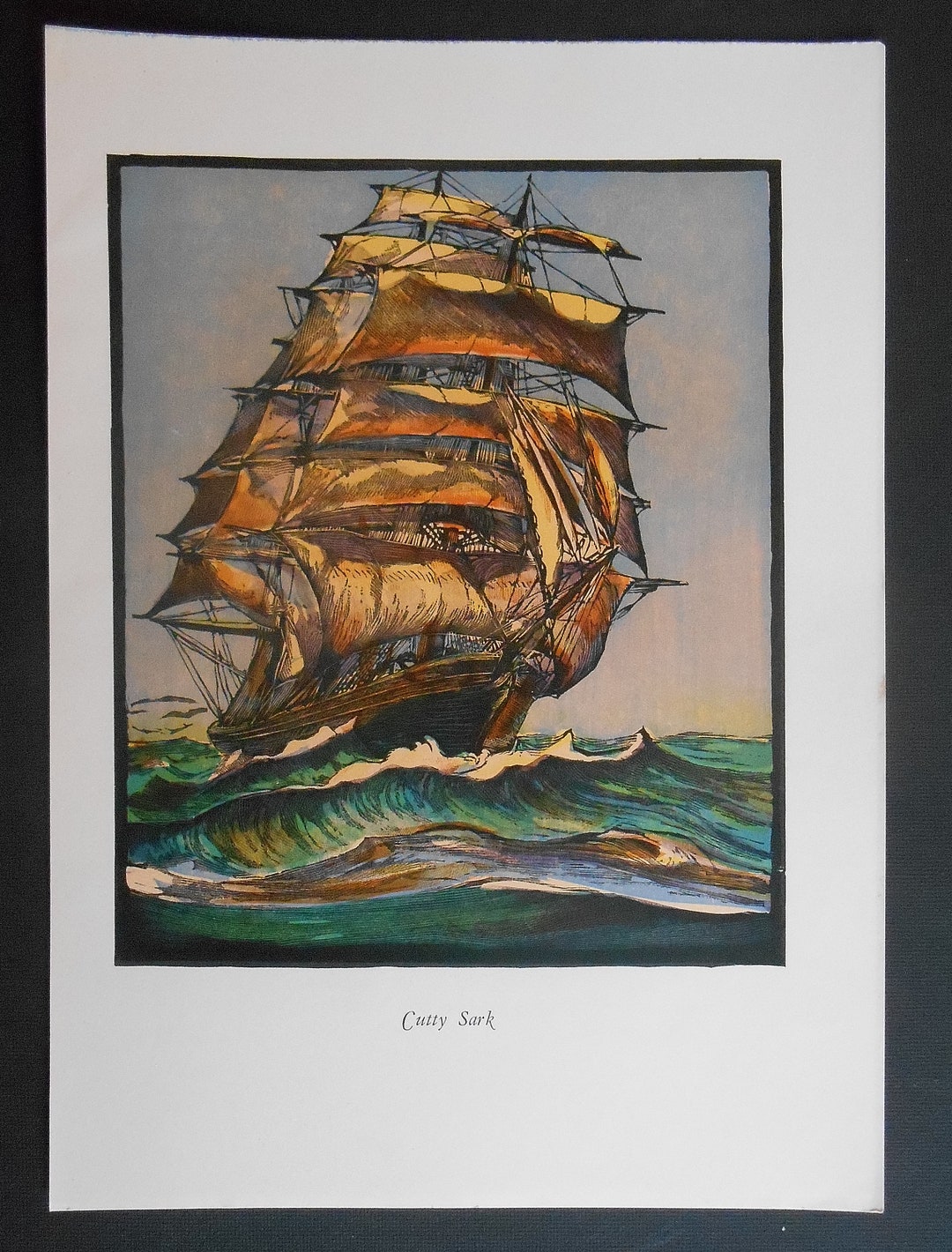 1936 Original Clipper Ship Color Print, Sailing Ship Cutty Sark, Rare ...
