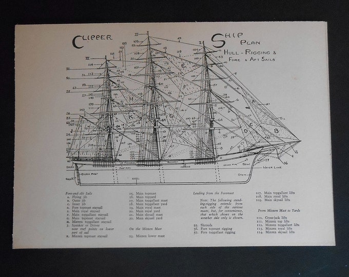 Original Clipper Ship Plans, Sails and Rigging Chart, 1936 Vintage ...