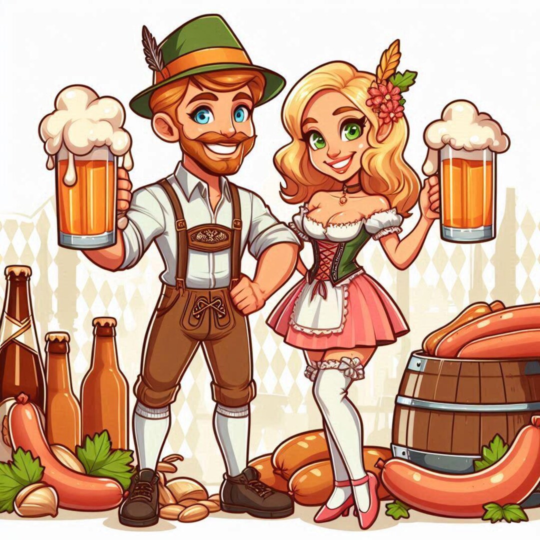 German Beer Festival, Guy and Girl With Beer, Bavarian Sausages ...