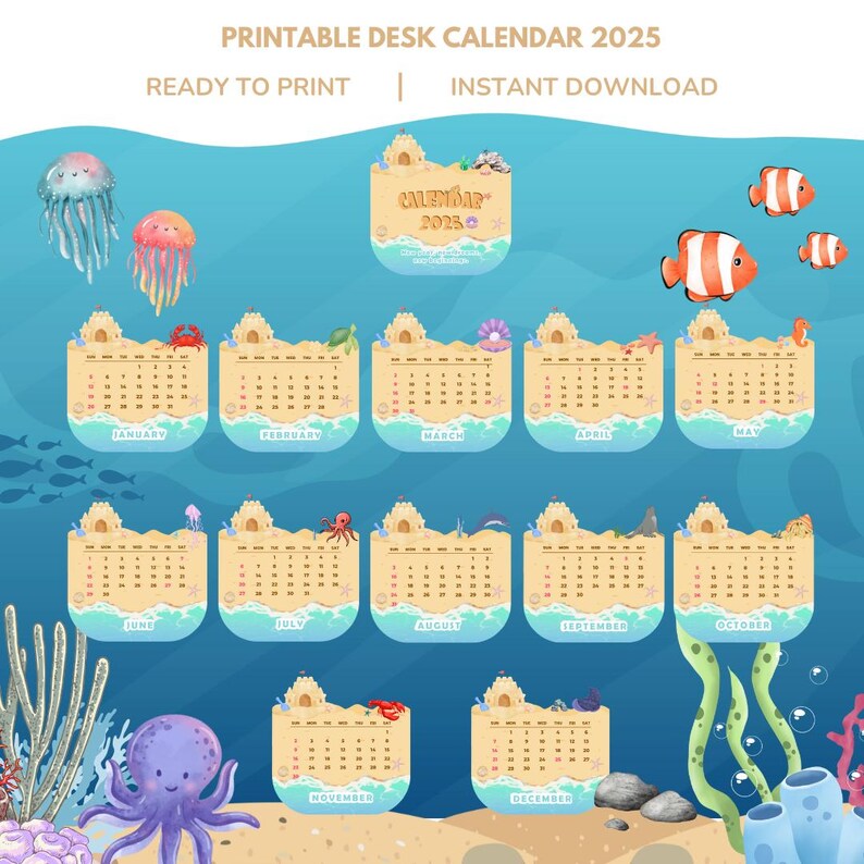 Ocean Animals & Beach-themed Printable Calendar - Cricut-friendly Cut ...