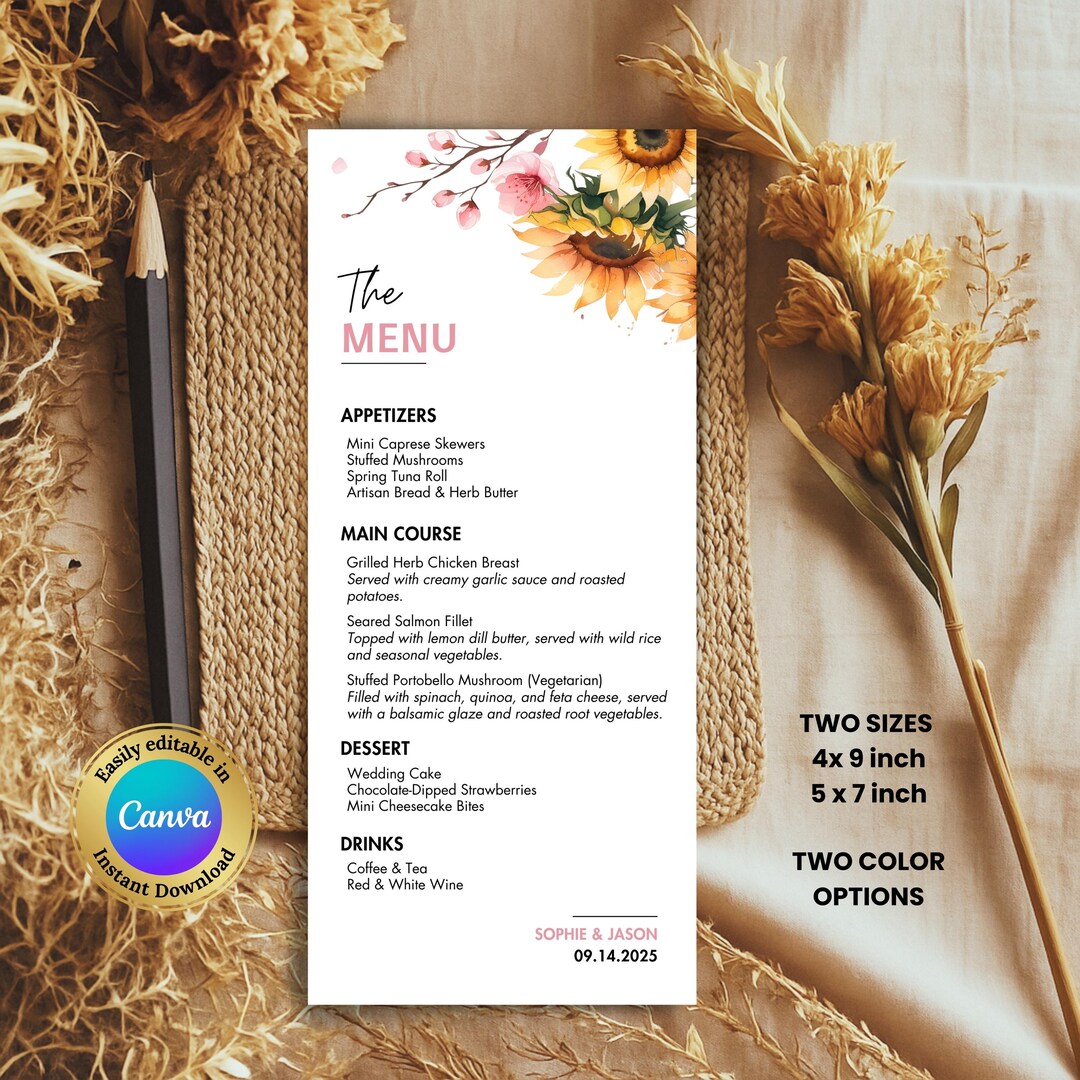 Sakura Sunflower Wedding Menu Template: Rustic Fall Reception (editable ...