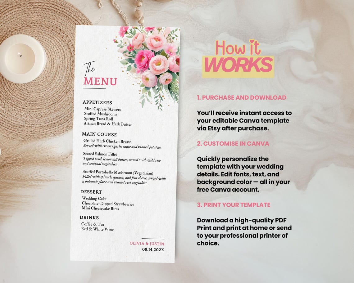 Blush Pink Wedding Menu Card Template Editable Canva Design Printable ...