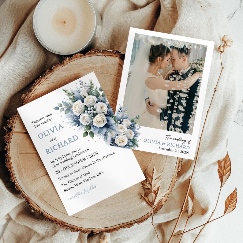Winter Wedding Invitation Suite, Elegant White Rose Floral RSVP, Icy ...