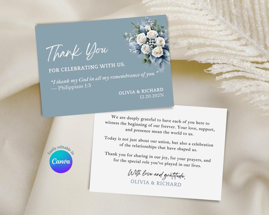Elegant Winter Wedding Thank You Card Template, Rose Floral Snow Folded ...