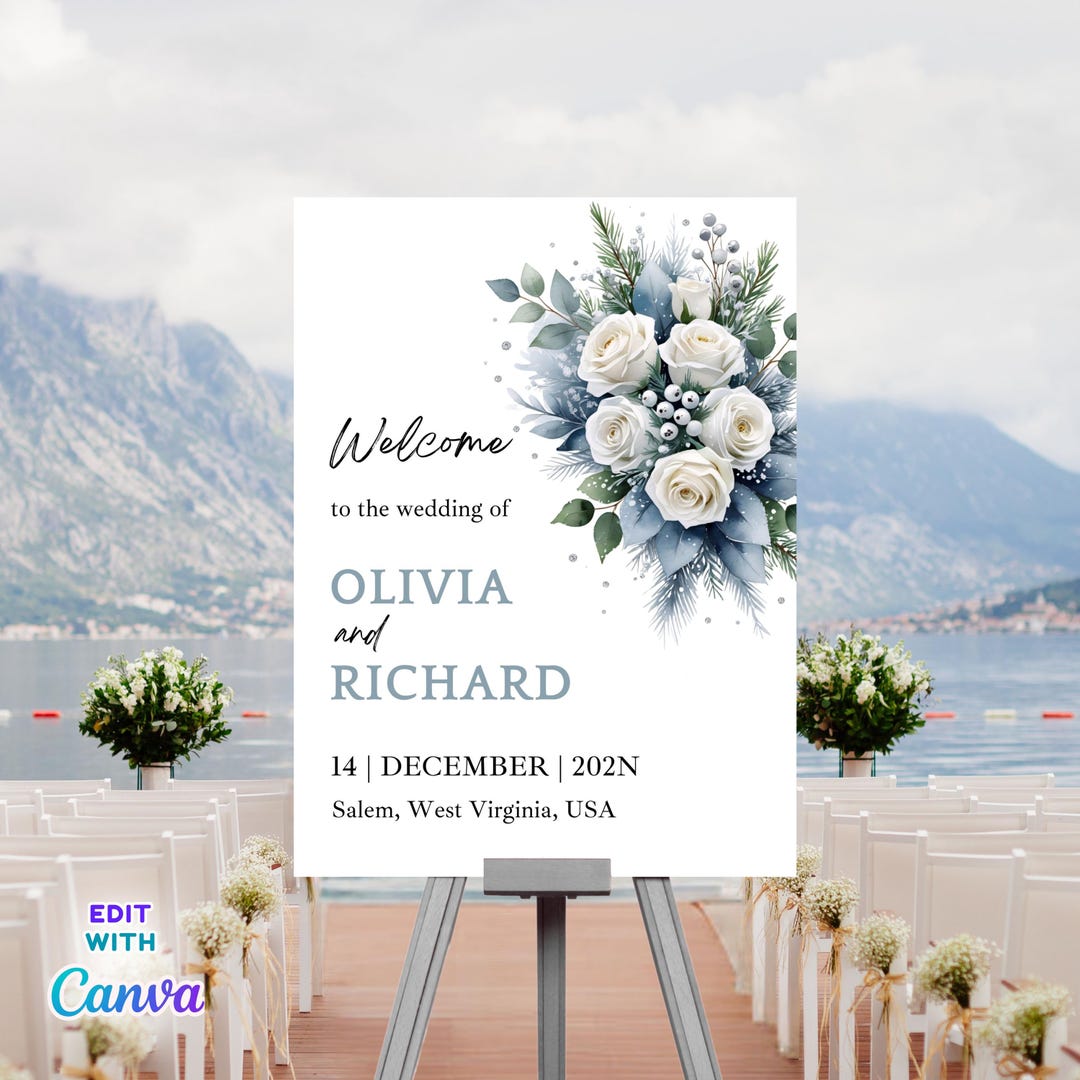 Winter Wedding Welcome Sign Template, Elegant White Rose Floral With ...