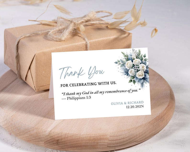 Elegant Winter Wedding Thank You Card Template, Rose Floral Snow Folded ...