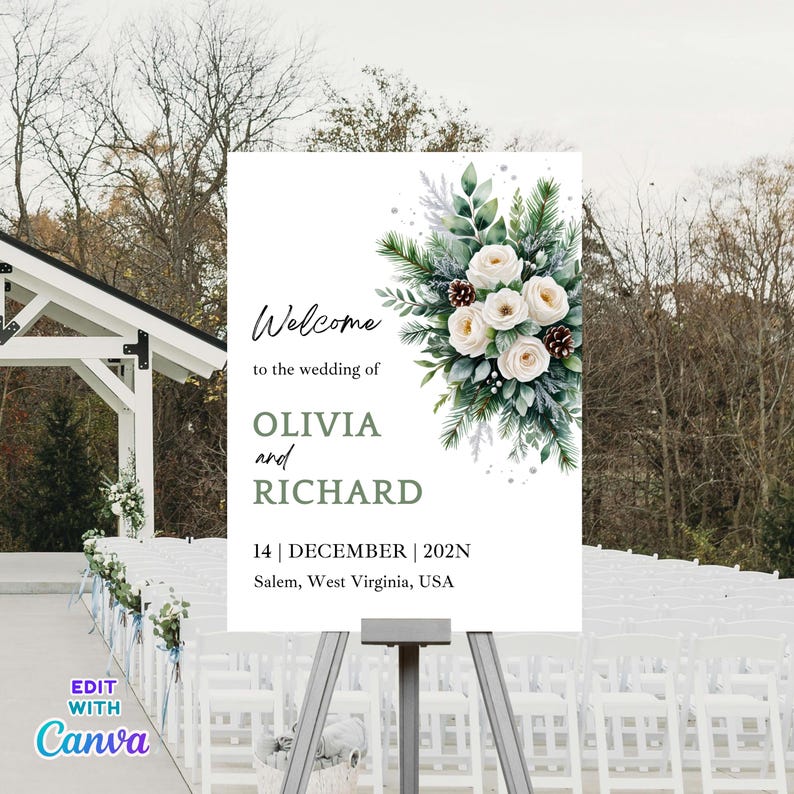 Evergreen Winter Wedding Welcome Sign Template, Pine & White Rose ...