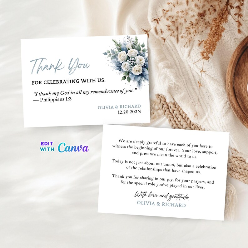 Elegant Winter Wedding Thank You Card Template, Rose Floral Snow Folded ...