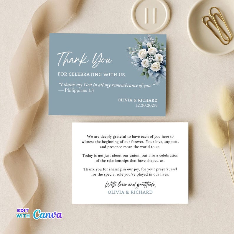 Elegant Winter Wedding Thank You Card Template, Rose Floral Snow Folded ...