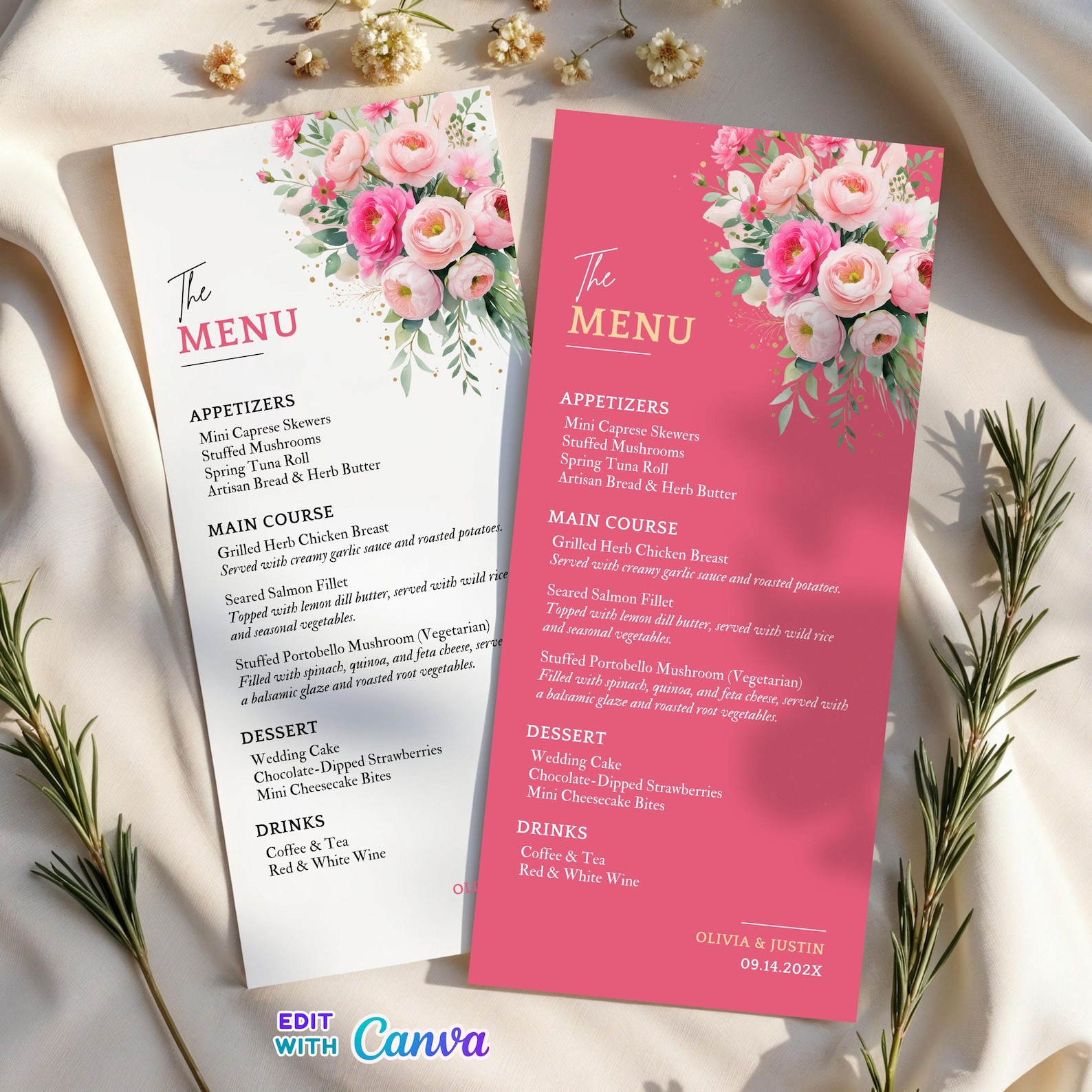 Blush Pink Wedding Menu Card Template Editable Canva Design Printable ...