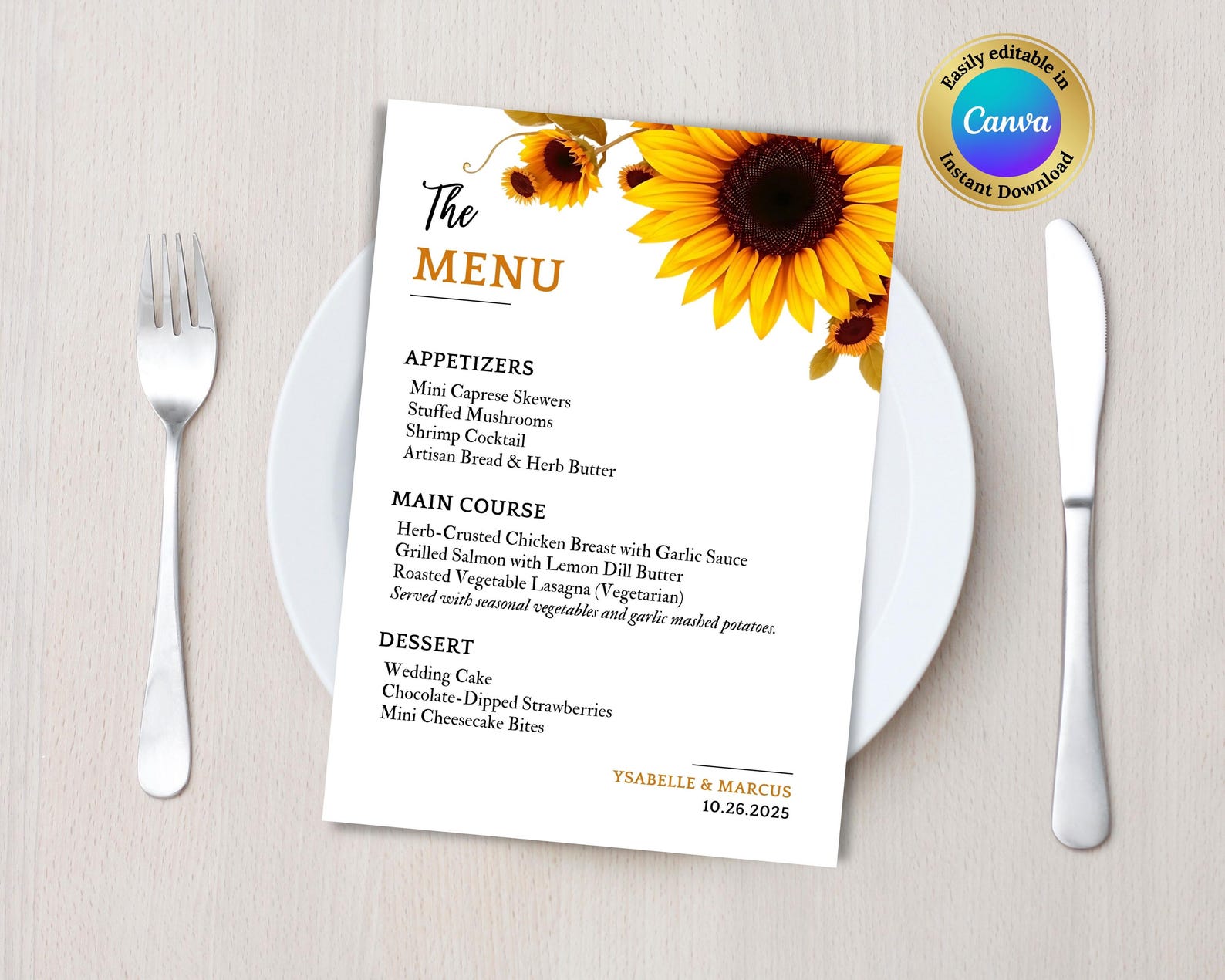 Sunflower Wedding Menu Template: Rustic Fall Editable Canva Reception ...