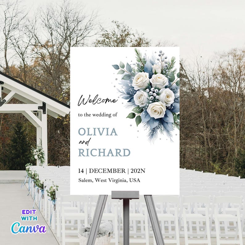 Winter Wedding Welcome Sign Template, Elegant White Rose Floral With ...