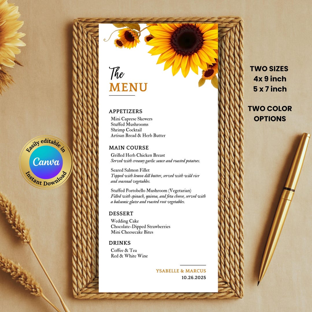 Sunflower Wedding Menu Template: Rustic Fall Editable Canva Reception ...
