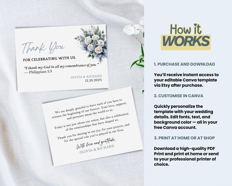Elegant Winter Wedding Thank You Card Template, Rose Floral Snow Folded ...