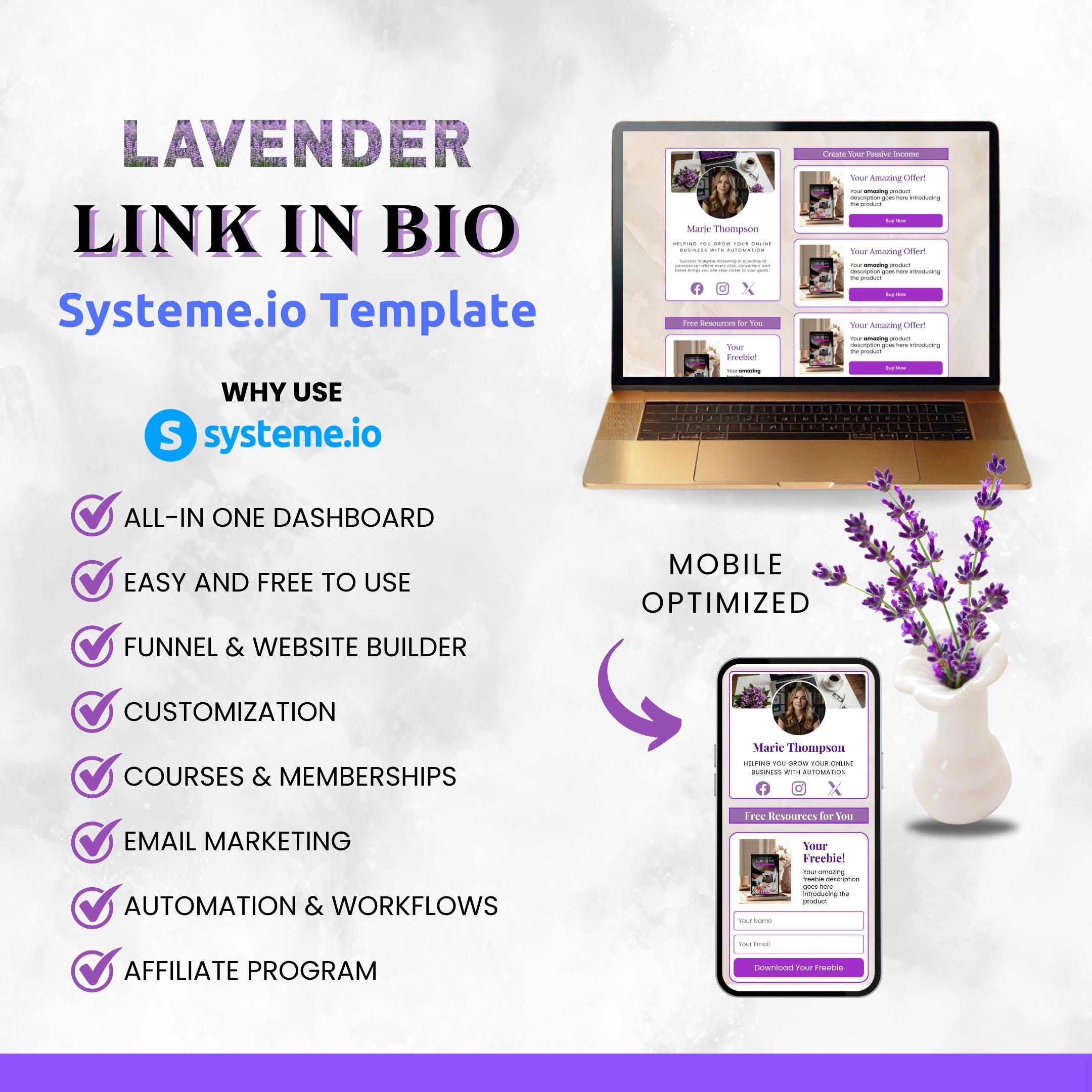 Systeme.io Link in Bio Template Lavender, Links Website, Landing Page ...
