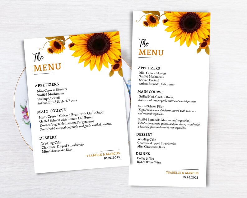 Sunflower Wedding Menu Template: Rustic Fall Editable Canva Reception ...