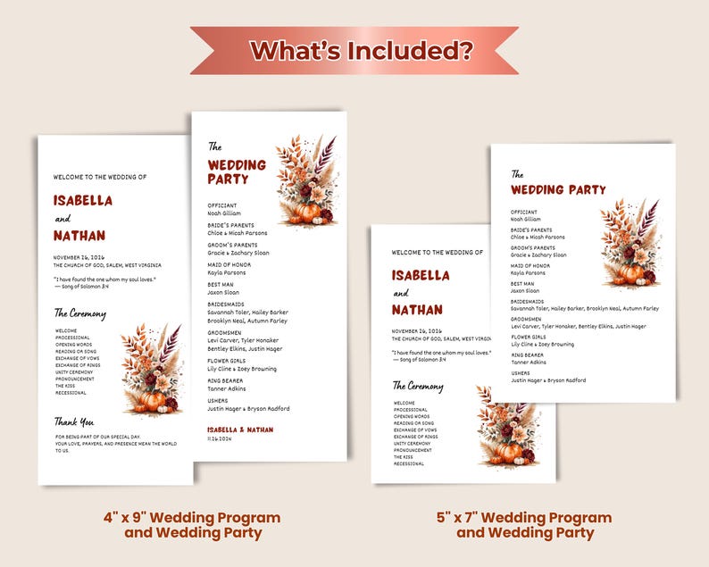 Minimalist Autumn Wedding Program & Party: Fall Floral Rustic Boho Ceremony Card (editable Canva ...