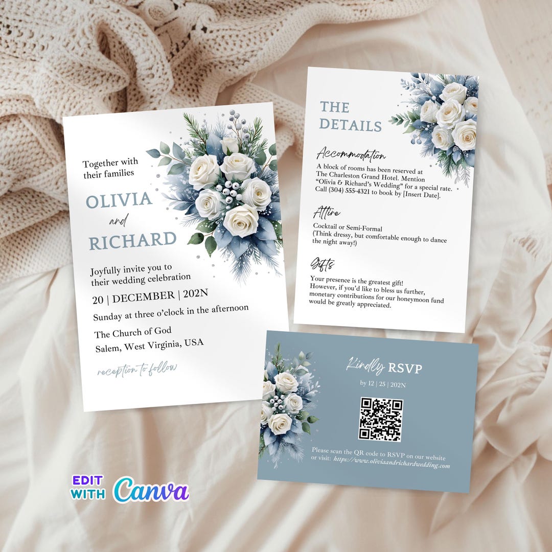 Winter Wedding Invitation Suite, Elegant White Rose Floral RSVP, Icy ...