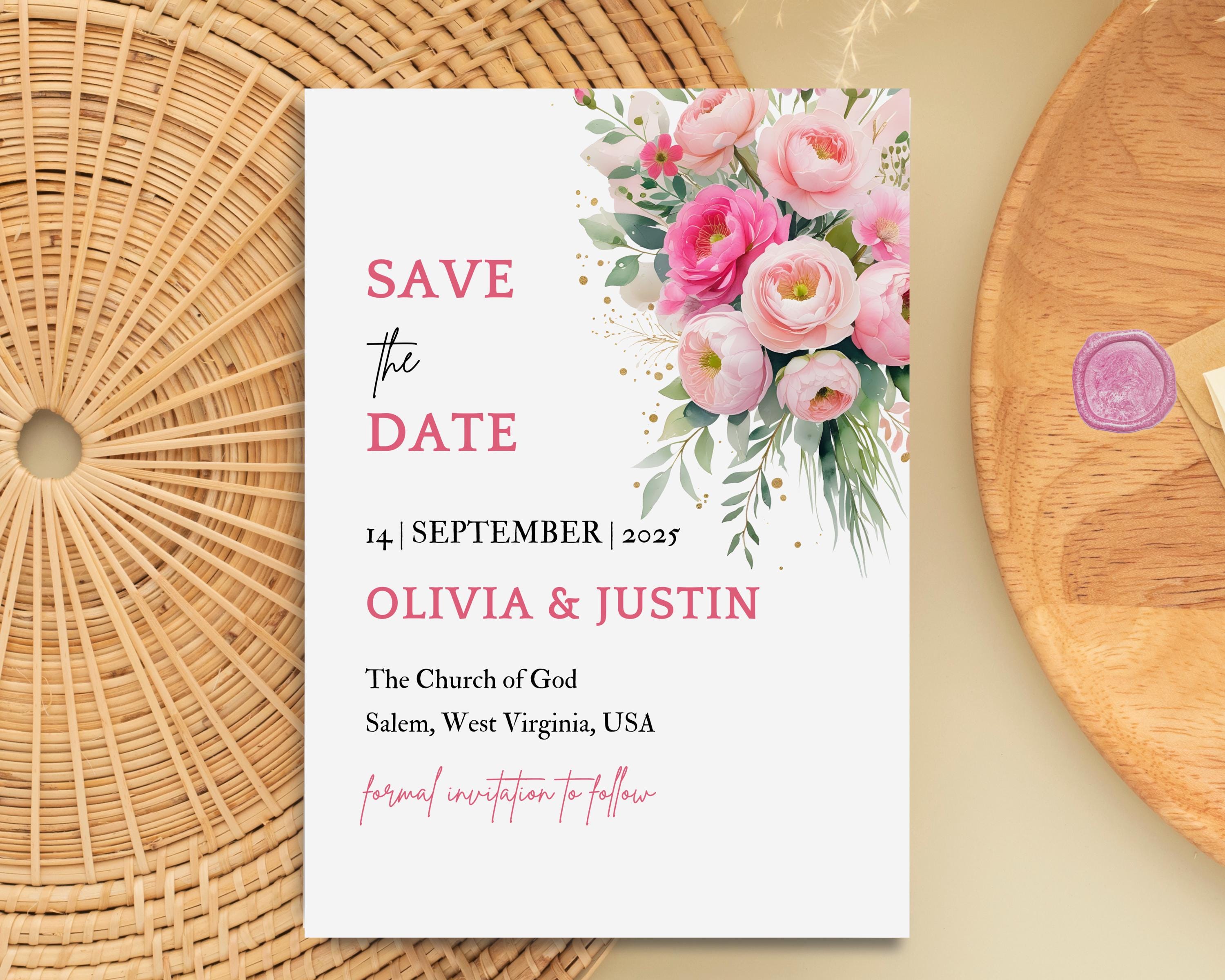 Blush Pink Save the Date Card | Canva Wedding Announcement | Editable ...