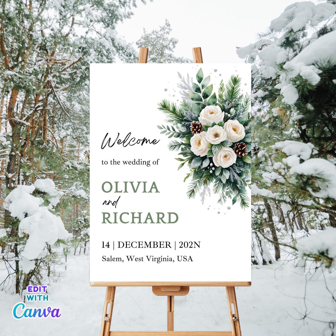 Evergreen Winter Wedding Welcome Sign Template, Pine & White Rose ...