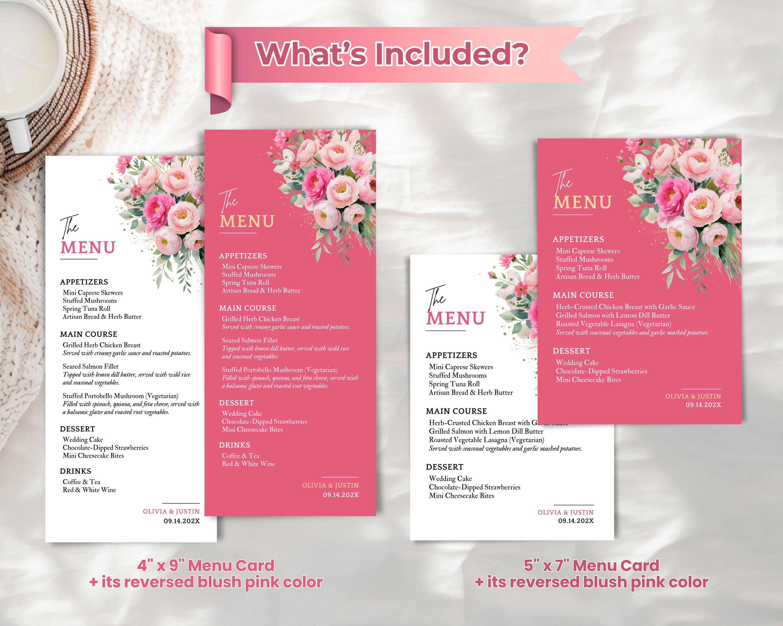 Blush Pink Wedding Menu Card Template Editable Canva Design Printable ...