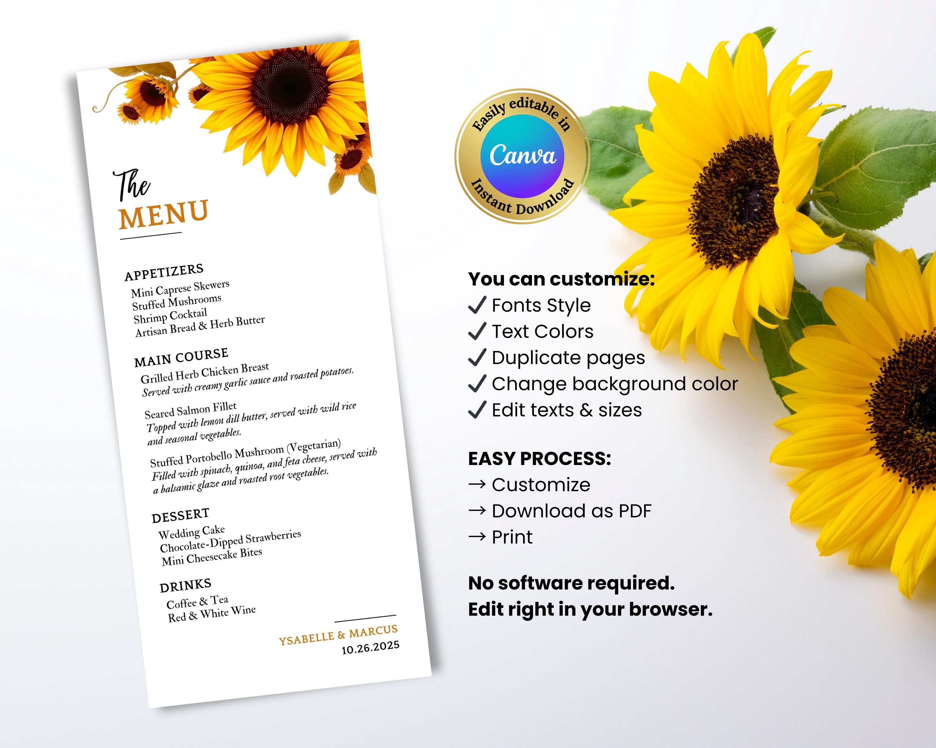 Sunflower Wedding Menu Template: Rustic Fall Editable Canva Reception ...