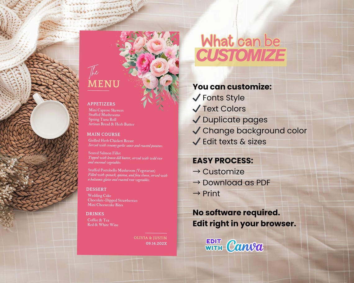 Blush Pink Wedding Menu Card Template Editable Canva Design Printable ...
