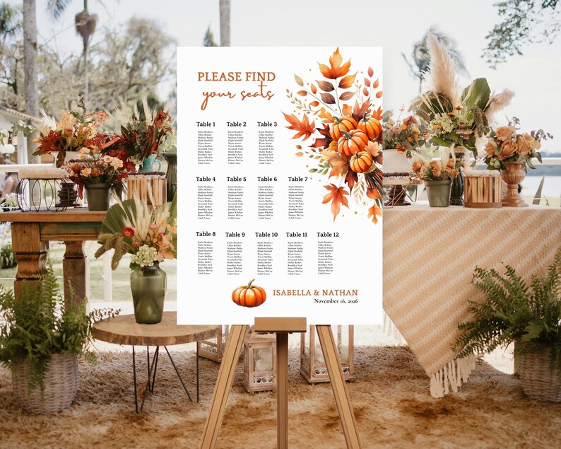 Fall Wedding Seating Chart: Pumpkin & Autumn Leaves (editable Canva ...