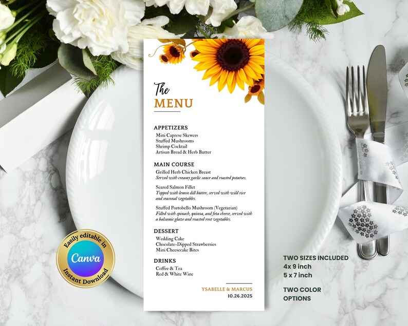 Sunflower Wedding Menu Template: Rustic Fall Editable Canva Reception ...