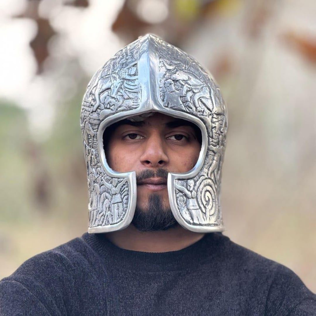 Embossed Barbuta Helmet~ Medieval Knight Armor Aluminium Helmet ~ LARP Cosplay Halloween Costume ...