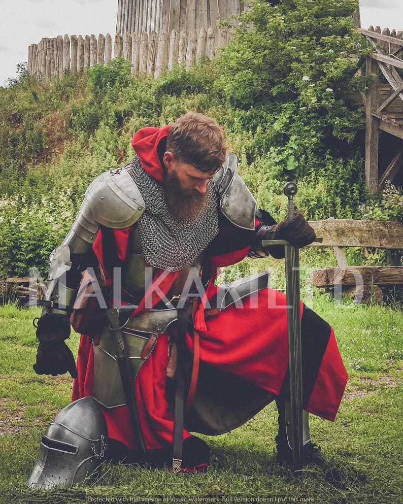 Medieval Knight Full Armor Suit With Red Cloak Chainmail, Helmet ...
