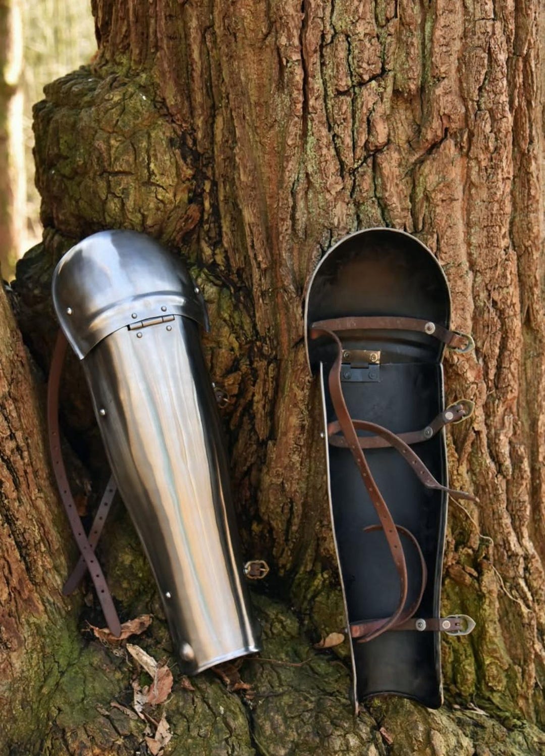 Medieval Folding Greaves – Steel Leg Armor With Leather Straps for LARP ...
