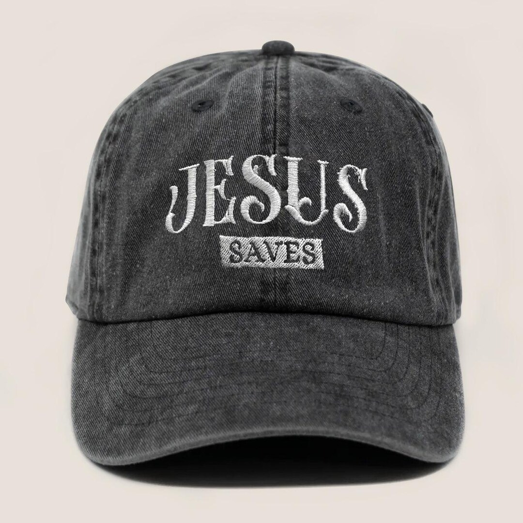 Jesus Saves Embroidered Hat – Bold White Christian Faith Cap on Washed ...